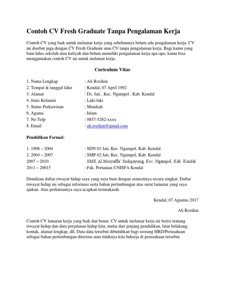 Contoh CV Fresh Graduate Tanpa Pengalaman Kerja | PDF