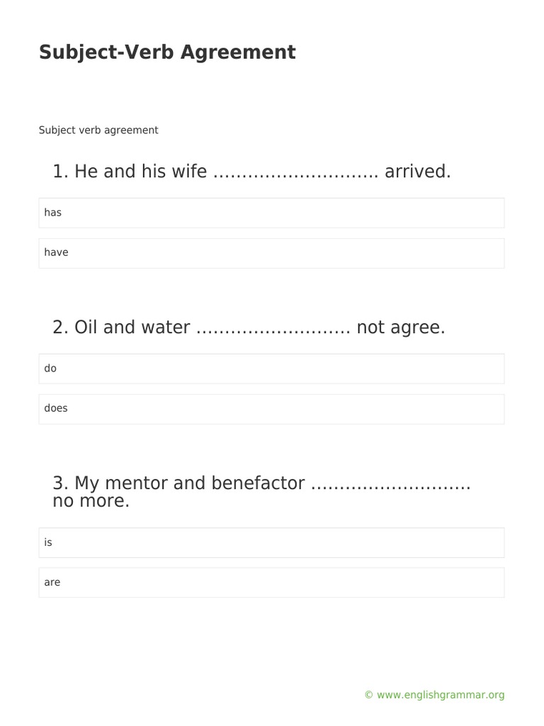 Subject-Verb Agreement: 1. He and His Wife .. Arrived | PDF