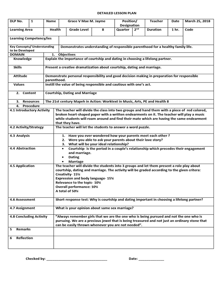 Grade 8 Health Lesson: Courtship & Dating | PDF | Lesson Plan | Courtship