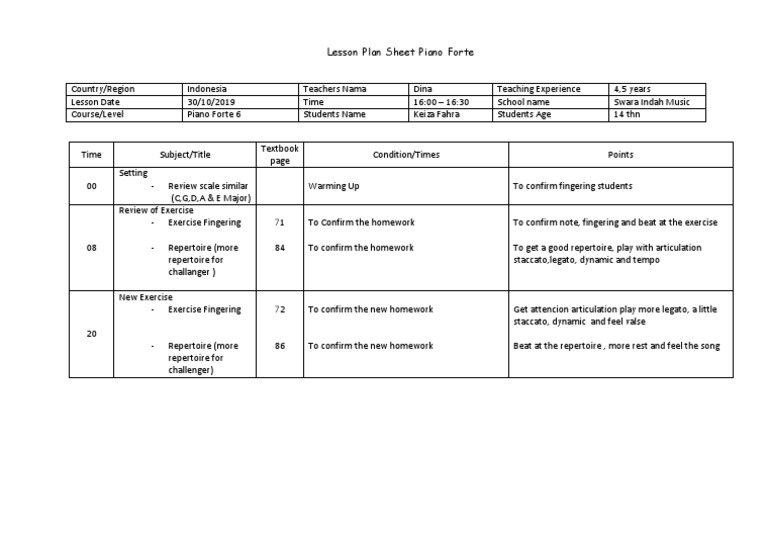 Lesson Plan Sheet Piano Forte | PDF