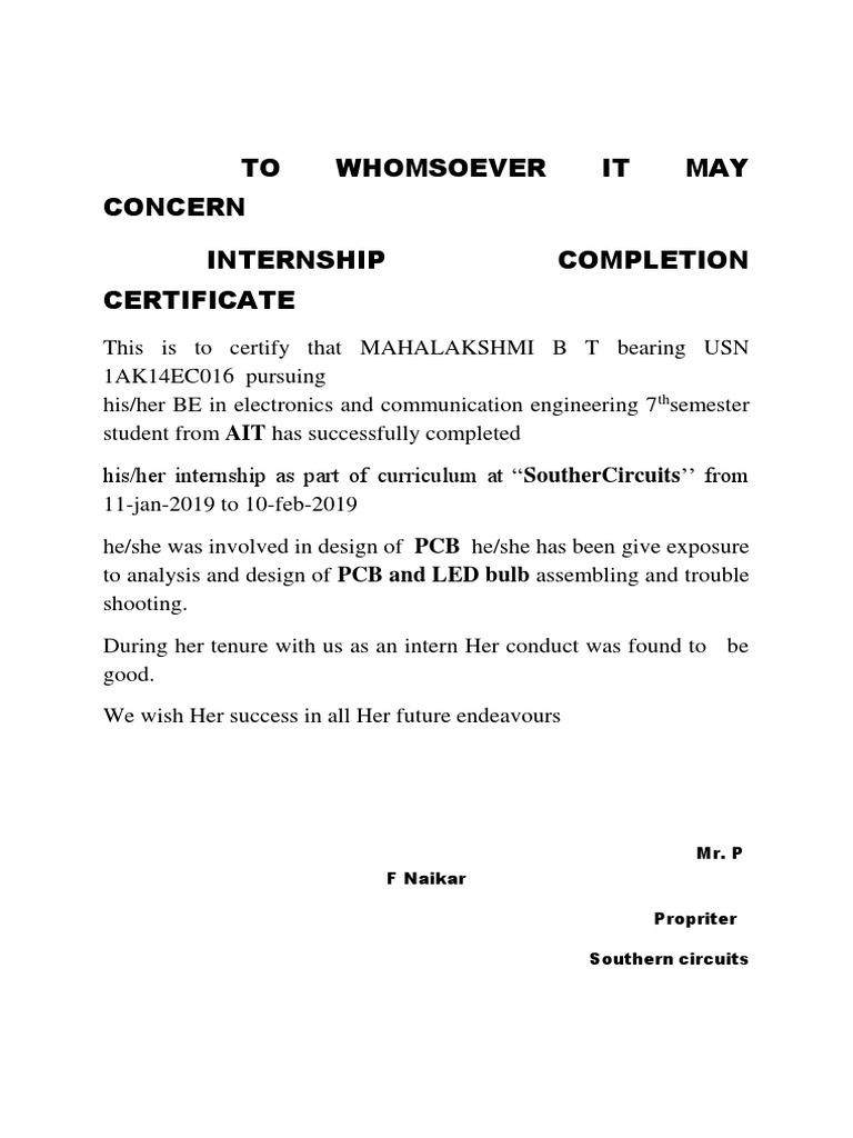 TO Whomsoever IT MAY Concern Internship Completion Certificate | PDF ...