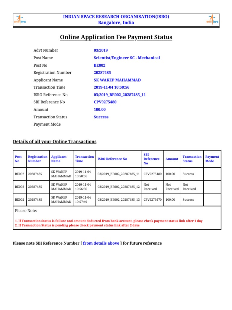Online Application Fee Payment Status: Indian Space Research Organisation (Isro) Bangalore ...