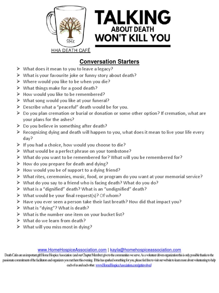 Death Café: Conversation Starters | PDF | Funeral | Cremation