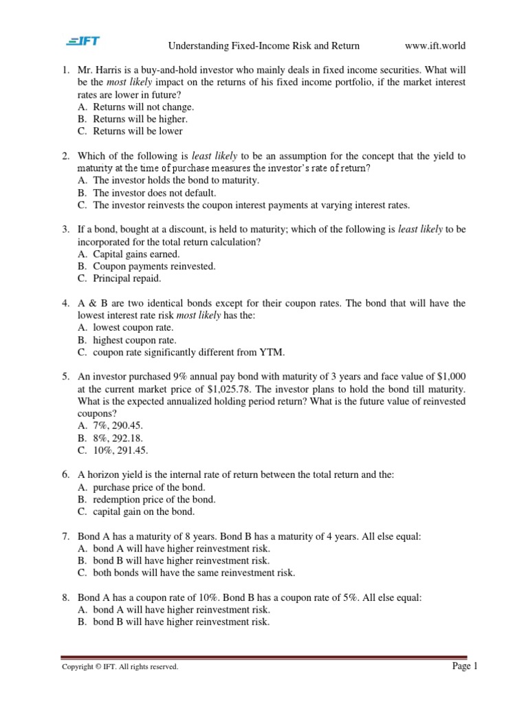 R55 Understanding Fixed-Income Risk and Return Q Bank | PDF | Bond ...