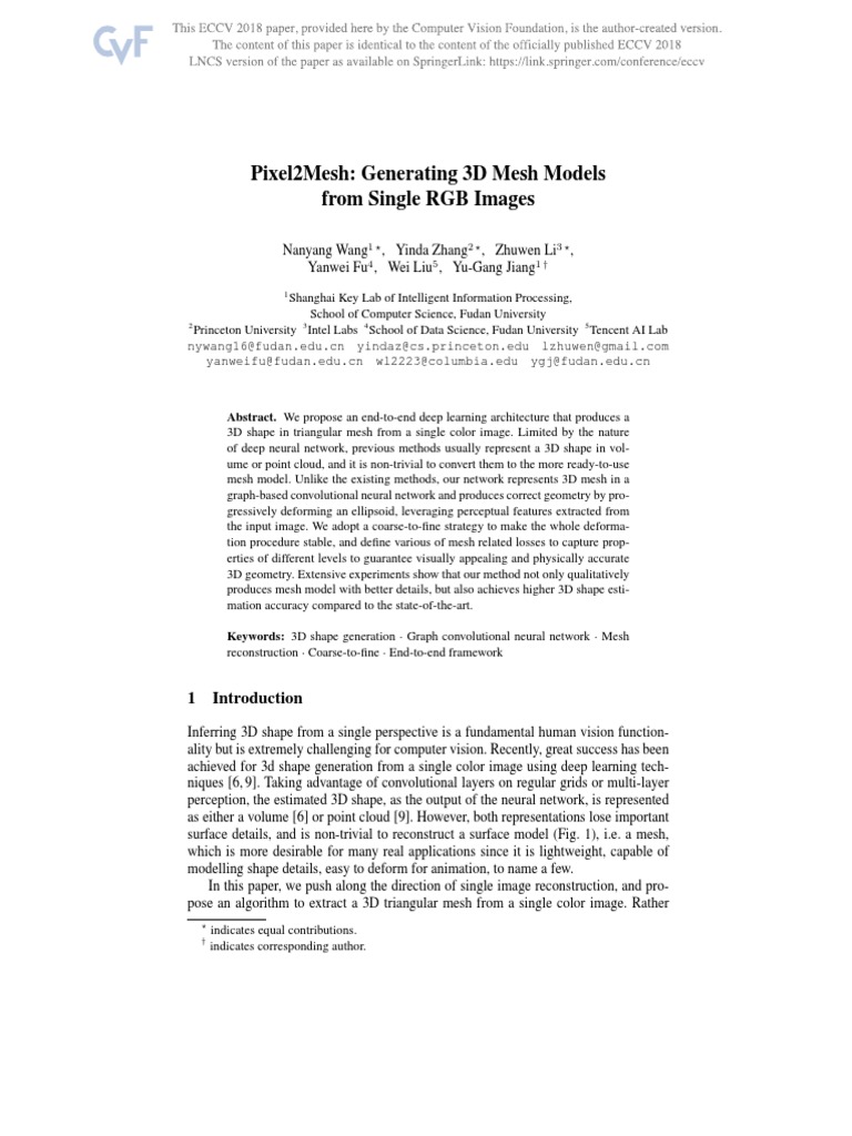 Nanyang Wang Pixel2Mesh Generating 3D ECCV 2018 Paper | PDF | Vertex (Graph Theory) | Artificial ...