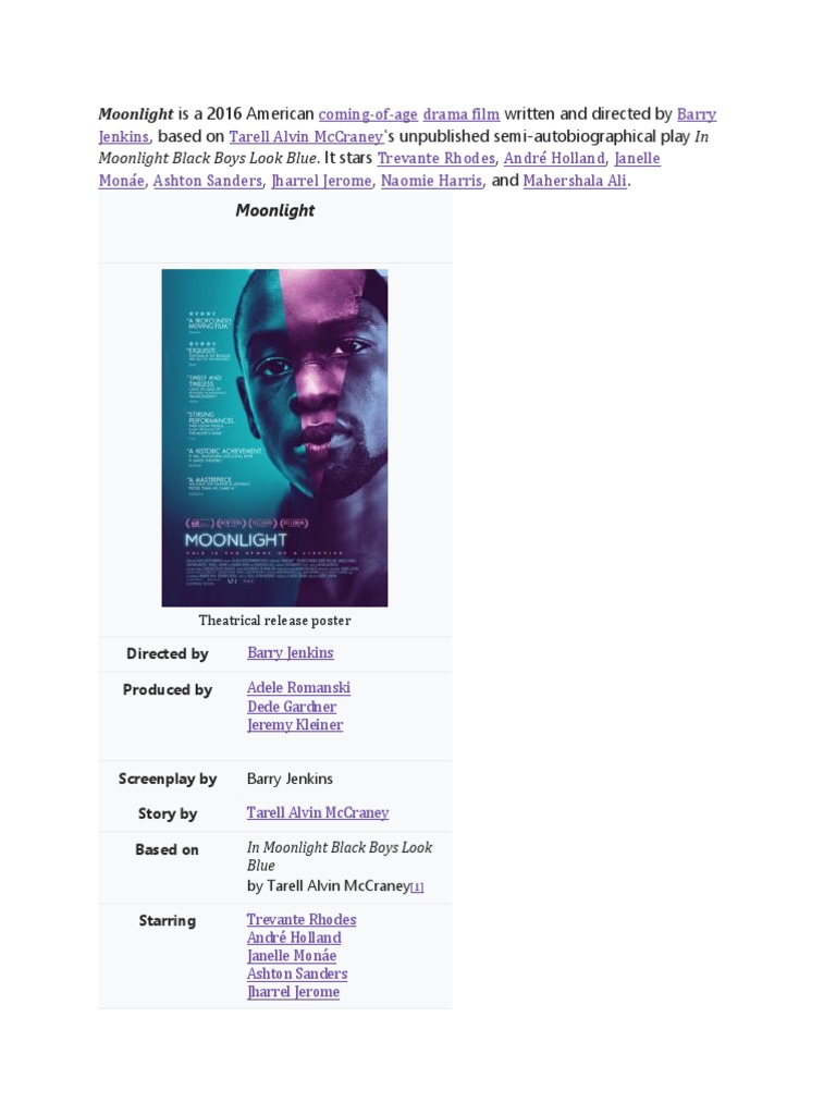 Moonlight Black Boys Look Blue. It Stars | PDF | Moonlight (2016 Film)