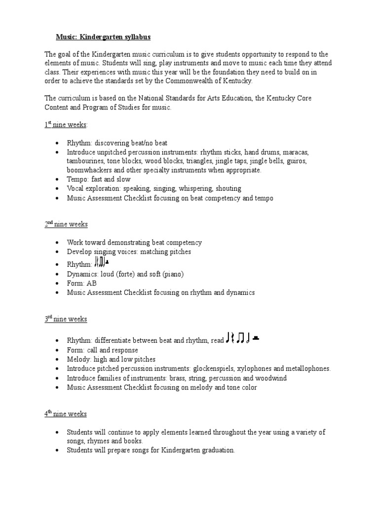 Kindergarten Music Syllabus: Beat, Rhythm, Pitch | PDF