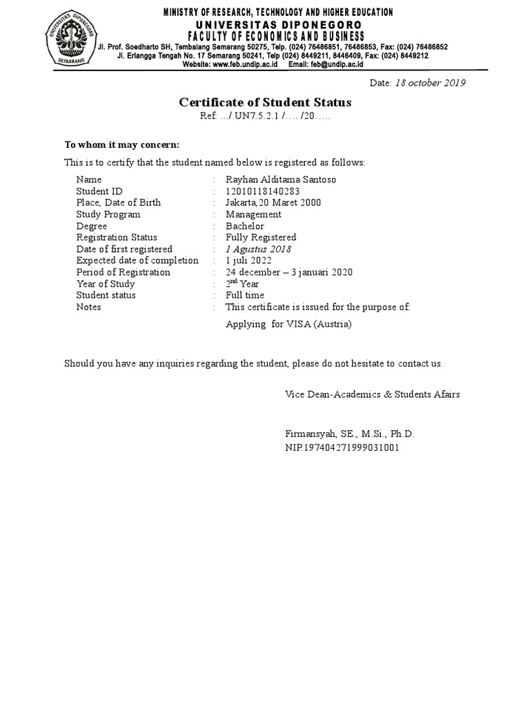 Certificate of Student Status: To Whom It May Concern | PDF