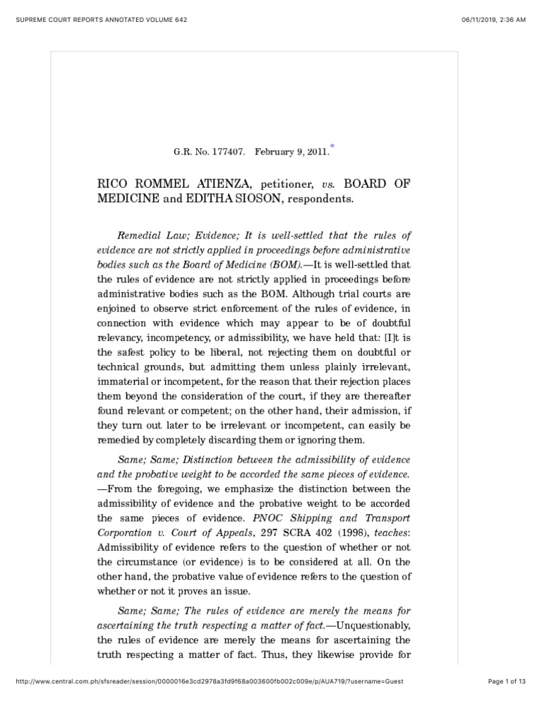 Atienza v. Board of Medicine/ESCRA | PDF | Certiorari | Evidence (Law)