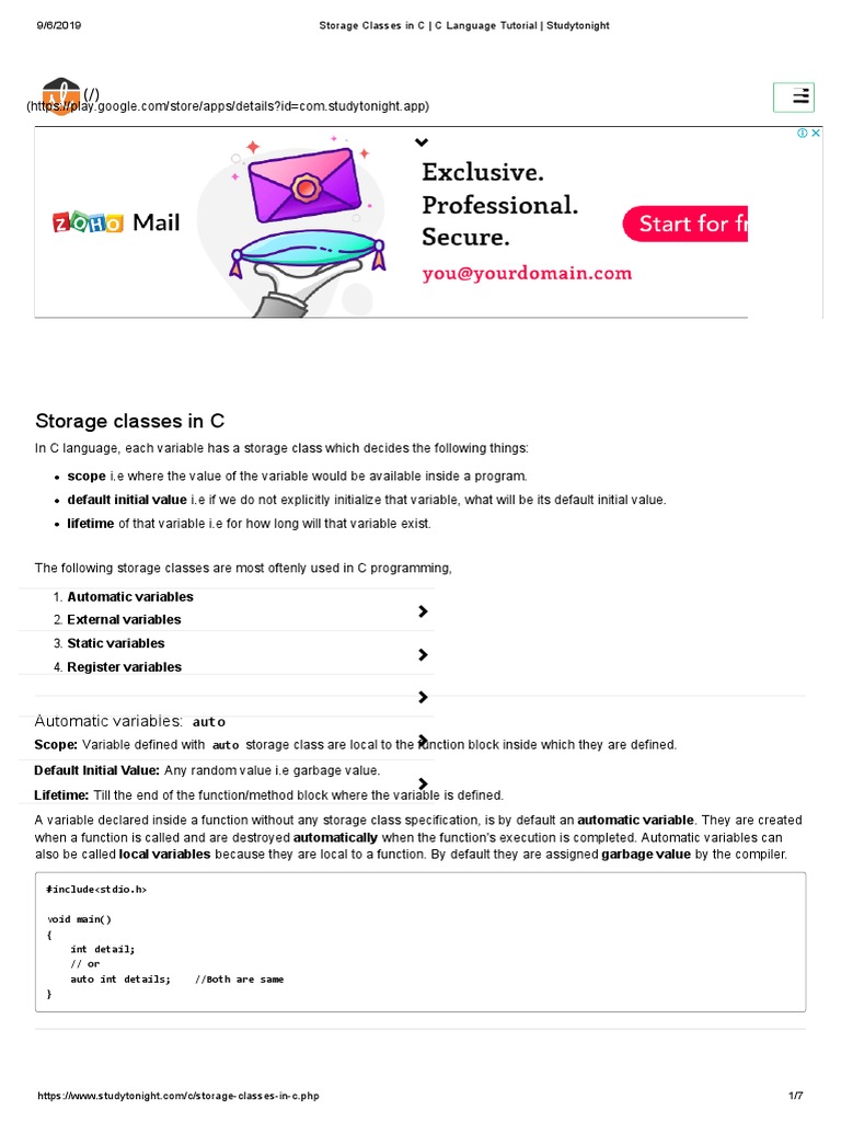 Storage Classes in C - C Language Tutorial - Studytonight | PDF | Variable (Computer Science ...