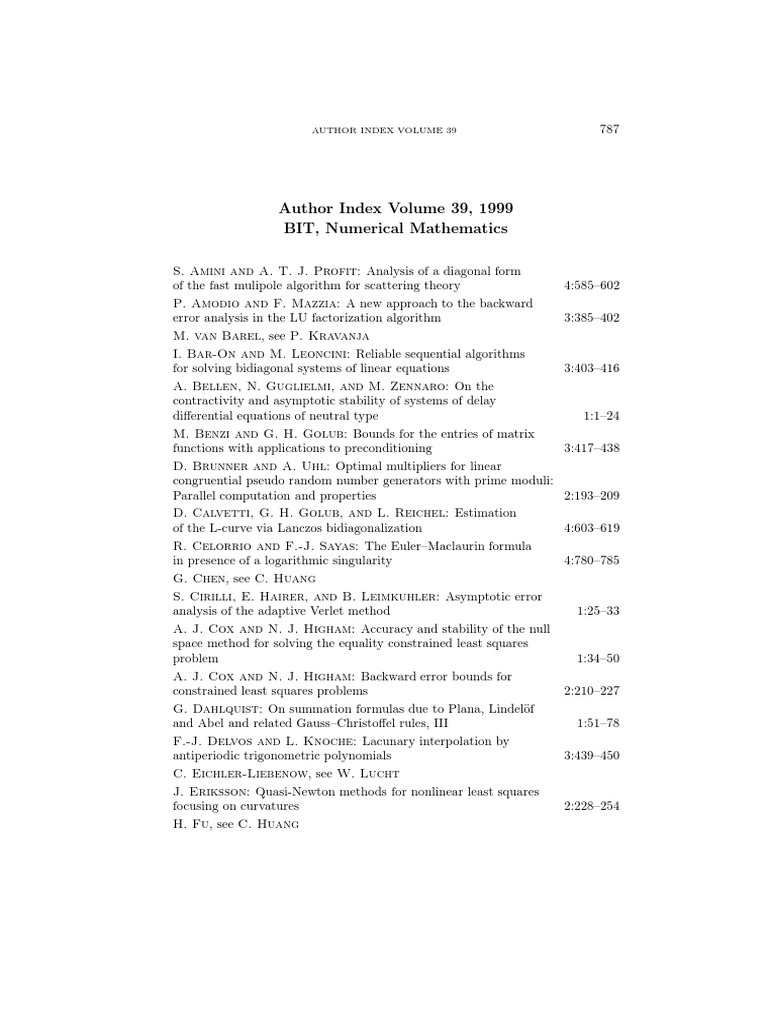 Author Index Volume 39, 1999 BIT, Numerical Mathematics | PDF ...