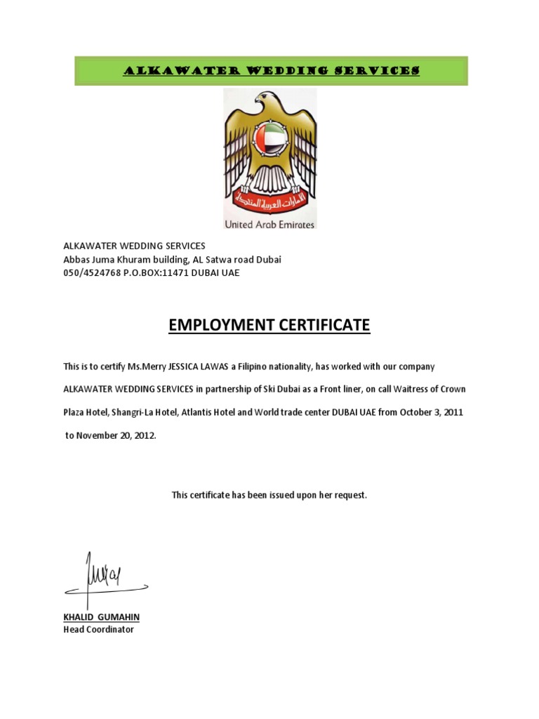 Alkawater Wedding Services Certification of Employment | PDF
