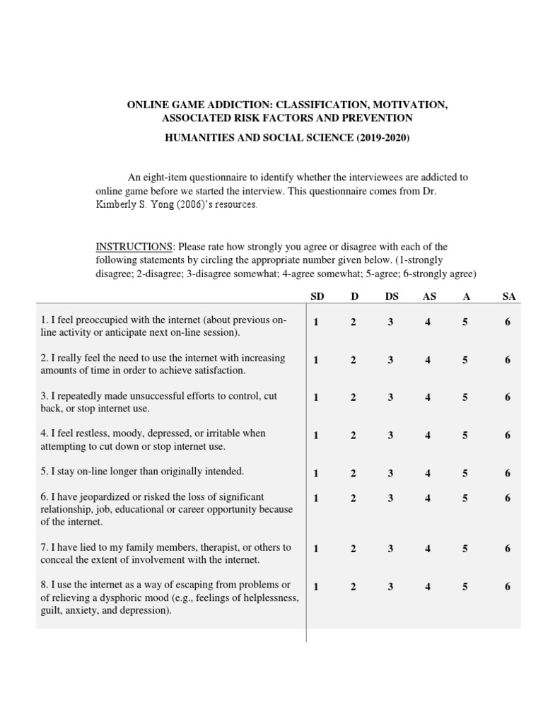 Questionnaire of Online Game Addiction | PDF | Clinical Psychology ...