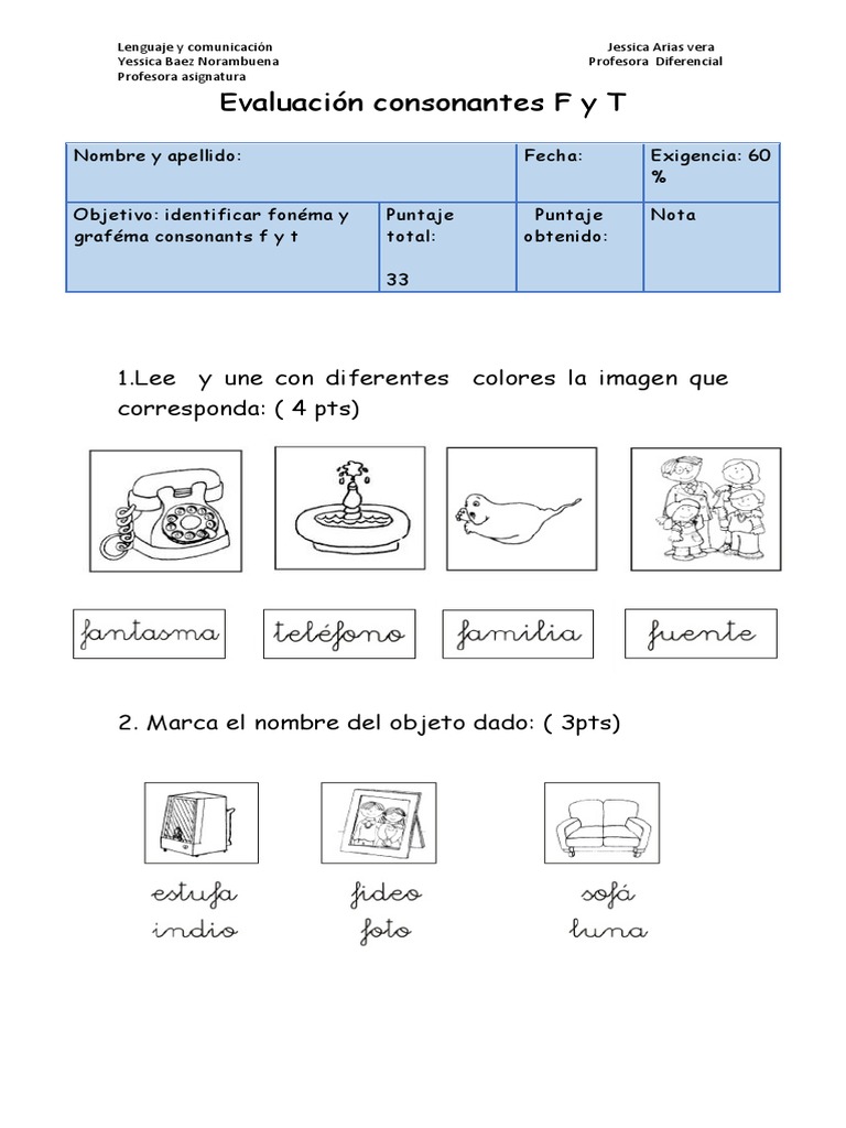 Evaluacion Consonante T y F | PDF