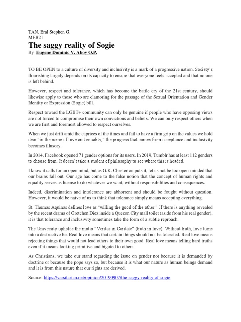Main Task Article Analysis The Saggy Reality of Sogie | PDF | Gender | Gender Studies