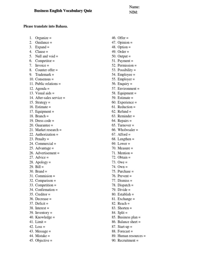 Business English Vocabulary Quiz | PDF | Employment | Business
