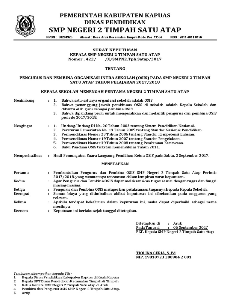 SK Pengurus Osis Dan Pembina Osis | PDF