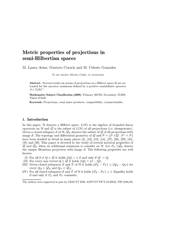 Metric Properties of Projections in | PDF | Norm (Mathematics) | Linear Map