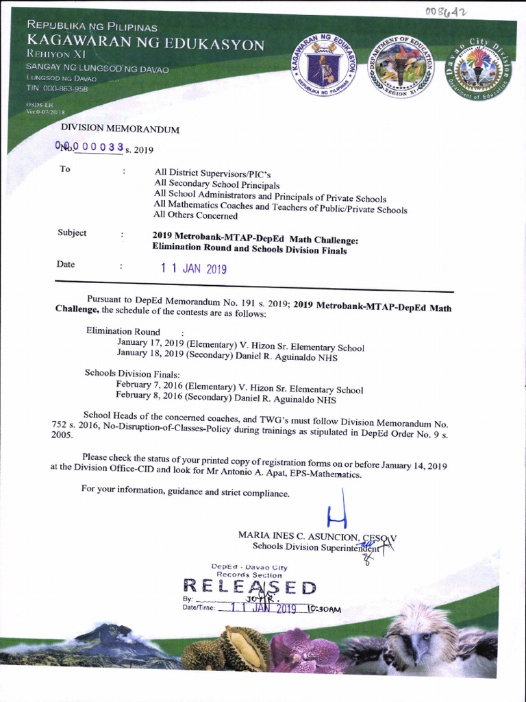 2019-Dm No. 0033 - 2019 Metrobank Mtap Deped Math Challenge Elimination ...