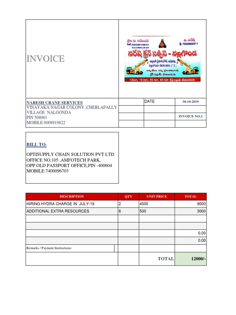 Invoice: Naresh Crane Services | PDF