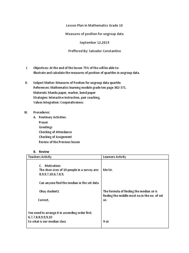 Lesson Plan in Mathematics Grade 10 | PDF | Median | Quartile