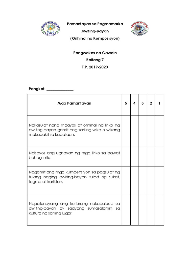 Pamantayan Sa Pagmamarka Awiting Bayan - 2nd | PDF