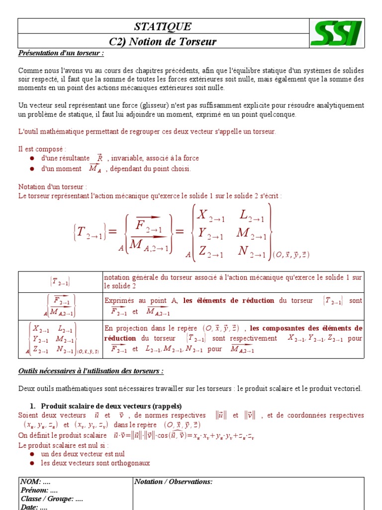 Notion de Torseur en Statique | PDF | Analyse mathématique | Mécanique ...