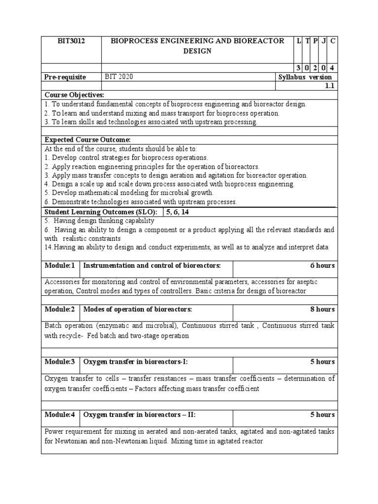 Bioprocess Engineering and Design Syllabus | PDF | Chemistry | Biology