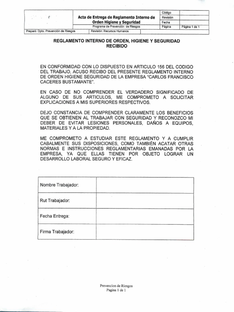 Acta Entrega Reglamento Interno | PDF