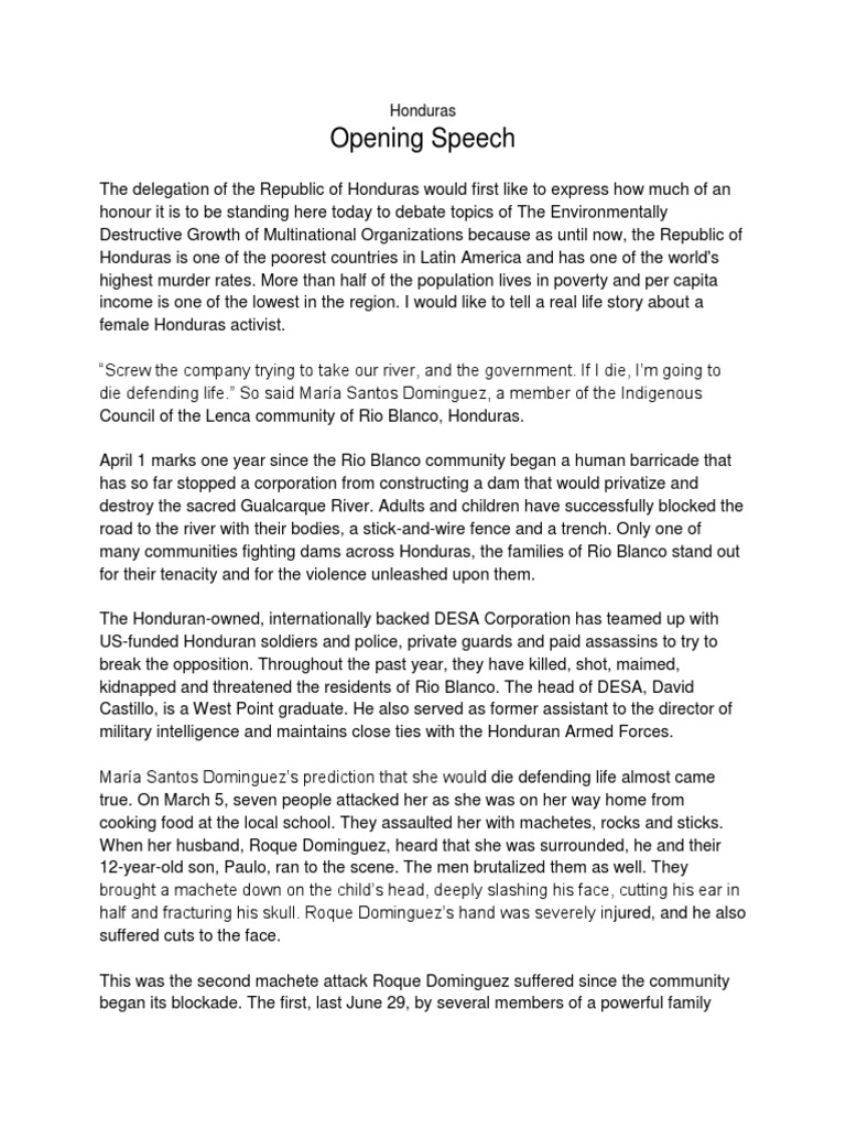 Opening Speech For MUN | PDF | Honduras | Government