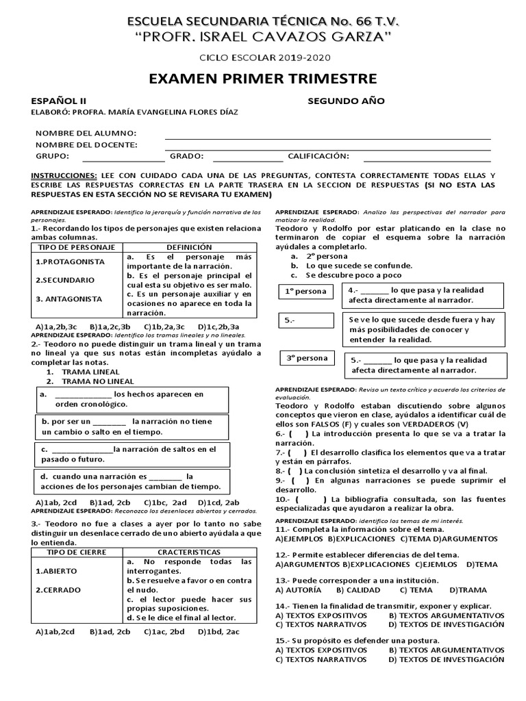 Examen de Español II: Primer Trimestre | PDF | Narrativa | Educación ...