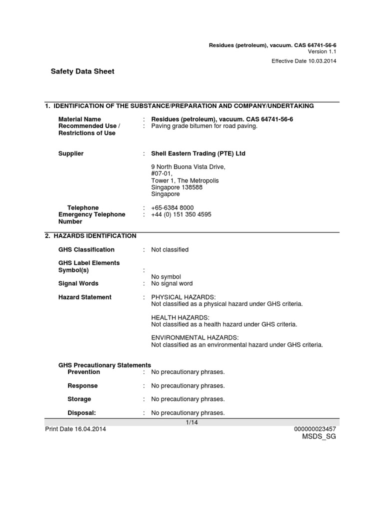 Safety Data Sheet: Residues (Petroleum), Vacuum. CAS 64741-56-6 | PDF ...