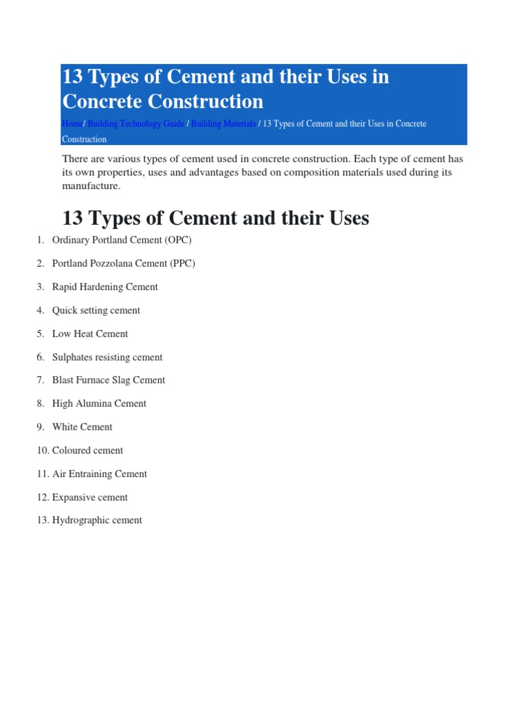 13 Types of Cement and Their Uses in Concrete Construction | PDF ...