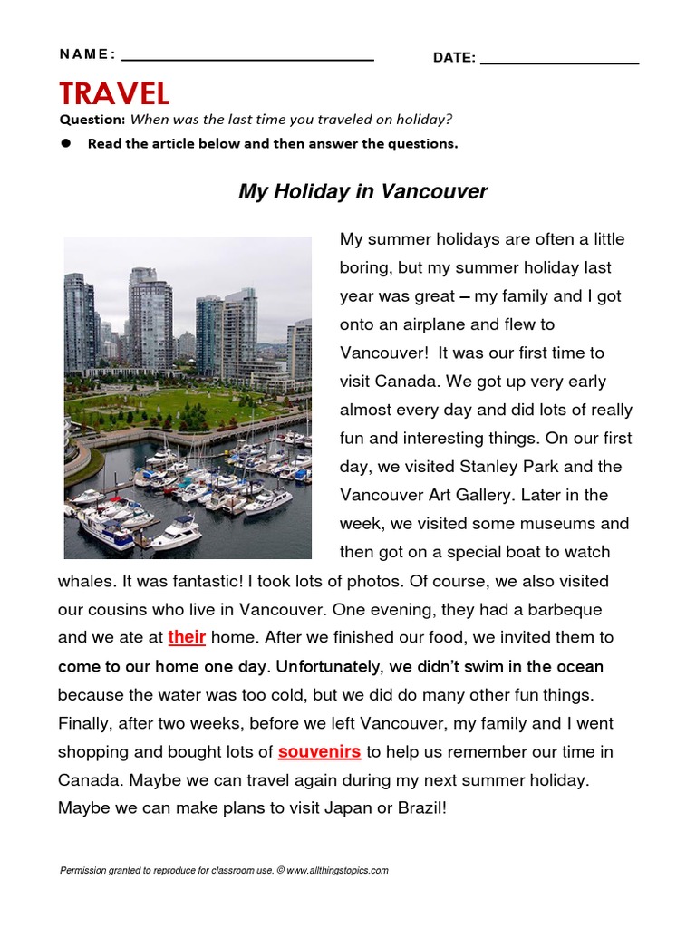 Lesson Travel Vancouver | PDF | Reading Comprehension