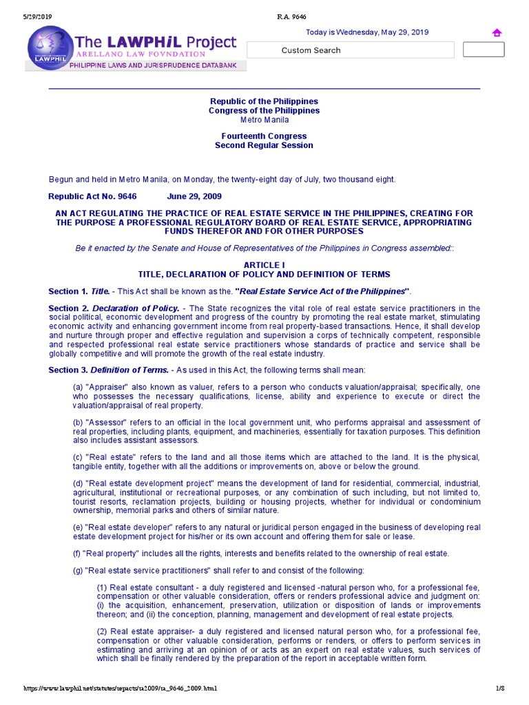 Real Estate Service Act RA 9646 | PDF | Real Estate Broker | Real ...