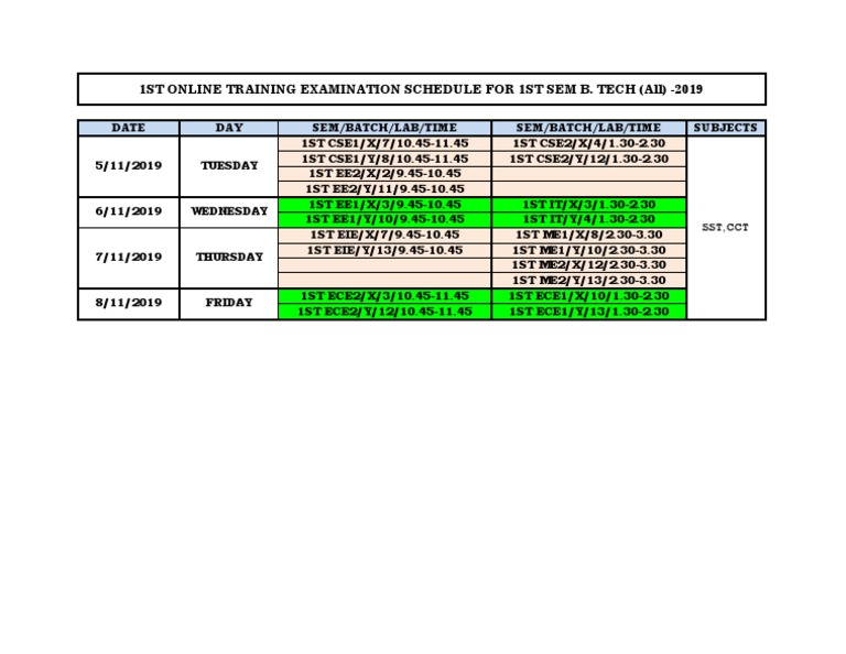 1St Online Training Examination Schedule For 1St Sem B. Tech (All ...