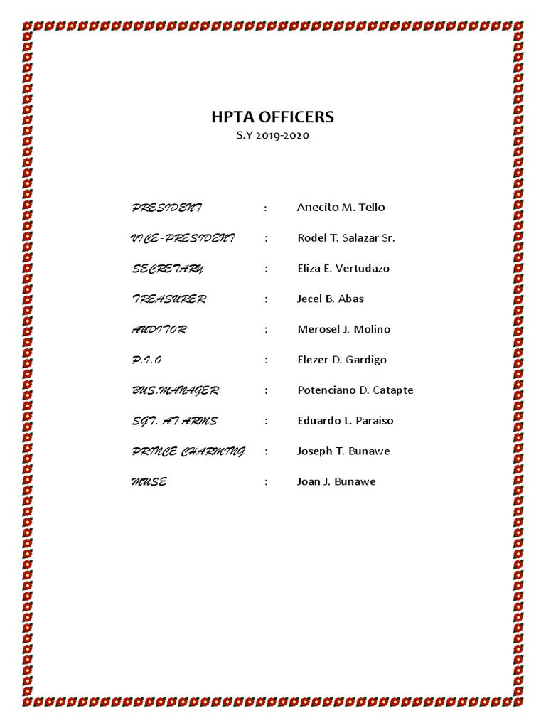 HPTA Officers and Classroom Officers for School Year 2019-2020 | PDF