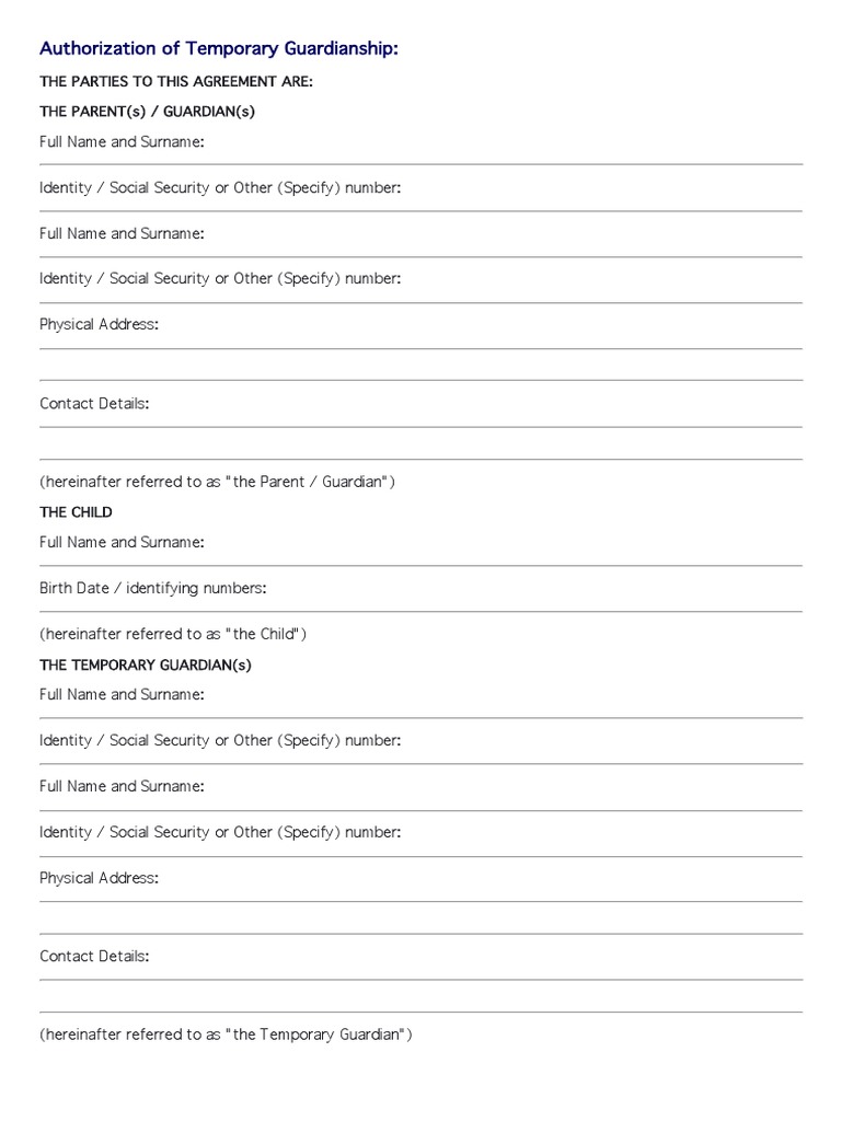 Temporary Guardianship Authorization | PDF | Legal Guardian | Parent
