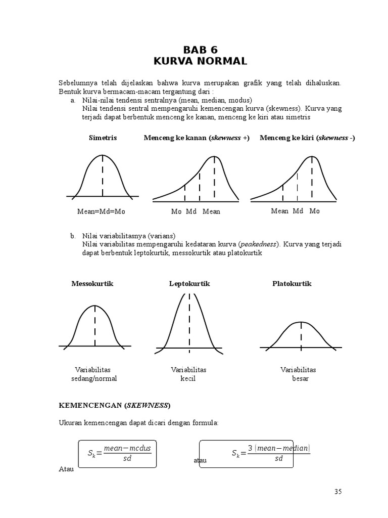 Bab 6 Kurva Normal: Simetris Menceng Ke Kanan (Skewness +) Menceng Ke Kiri (Skewness - ) | PDF