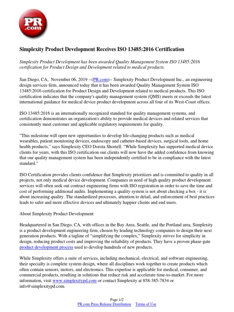 Simplexity Product Development Receives ISO 13485:2016 Certification ...