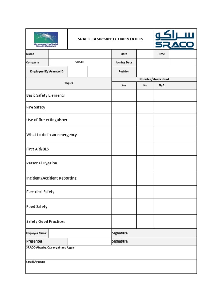 Camp Safety Orientation Checklist Form | PDF