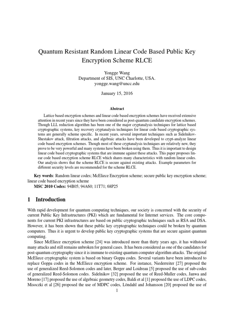 Quantum Resistant Random Linear Code Based Public Key Encryption Scheme RLCE | PDF ...