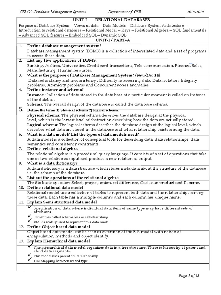 CS8492-Database Management Systems-2017R Question Bank | PDF | Database Transaction | Databases