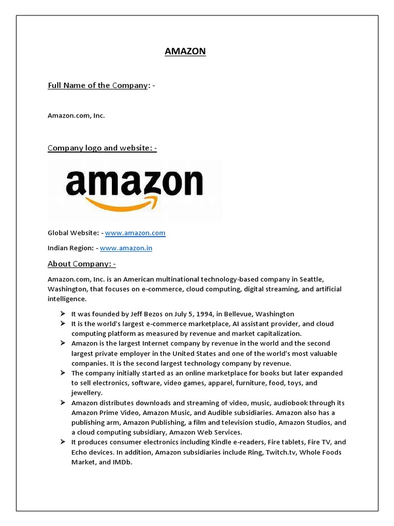 Full Name of The Company: - : Amazon | PDF | Internet | Business