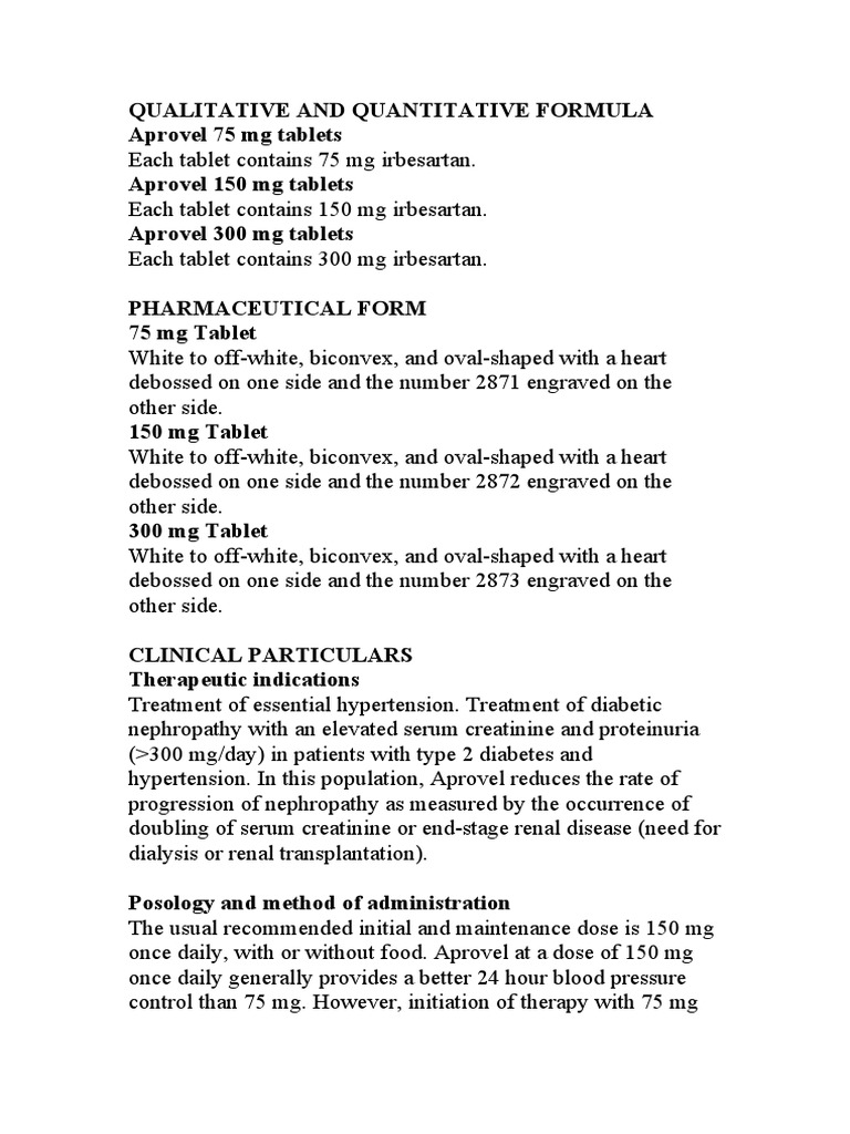 Qualitative and Quantitative Formula Aprovel 75 MG Tablets Aprovel 150 ...