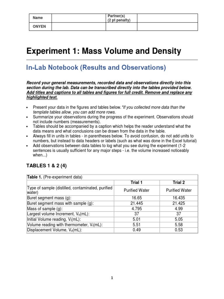 Experiment 1 Post Lab | PDF | Density | Standard Deviation