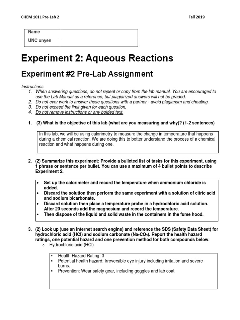 Experiment 2 Pre Lab Pdf Chemical Reactions Heat
