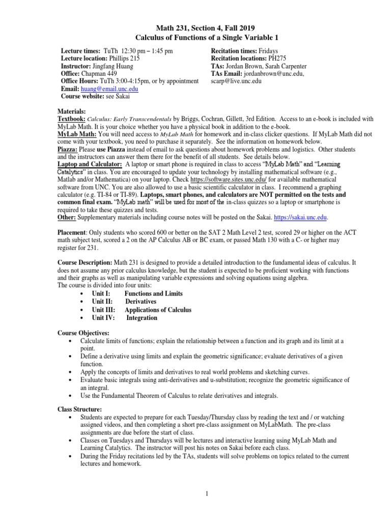Math 231 Syllabus | PDF | Derivative | Test (Assessment)