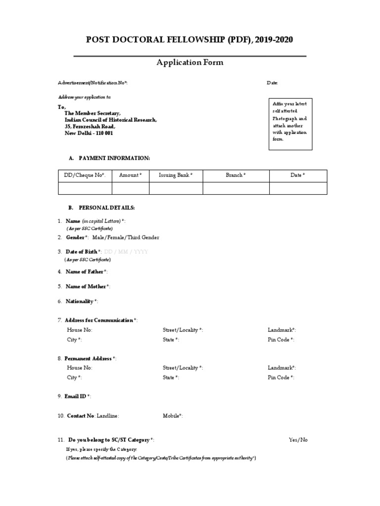 Post Doctoral Fellowship (PDF), 2019-2020: Application Form | PDF ...
