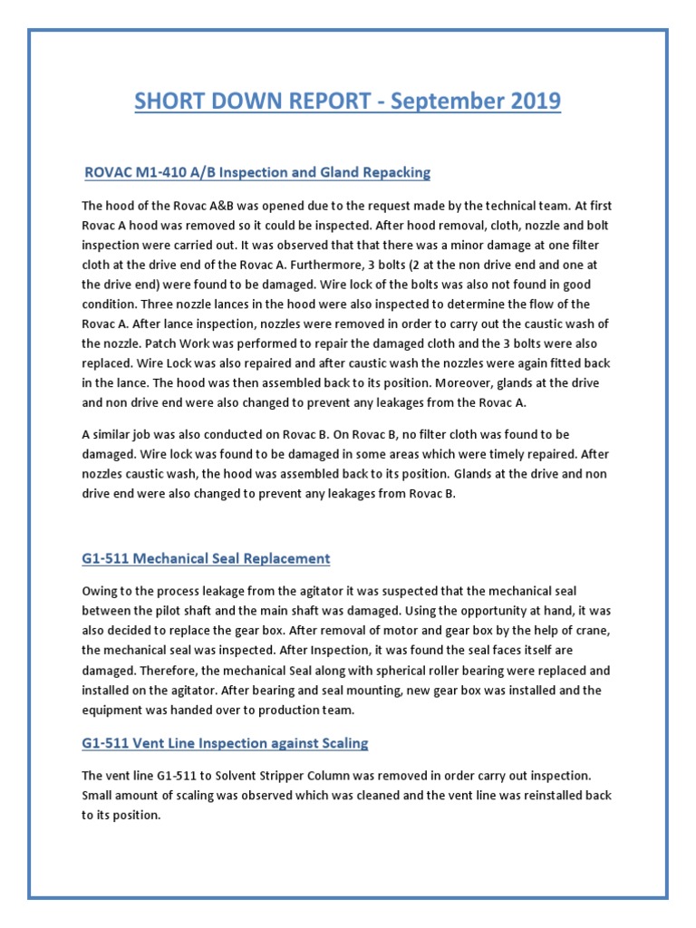 Short Shut Down Report | PDF | Leak | Pipe (Fluid Conveyance)
